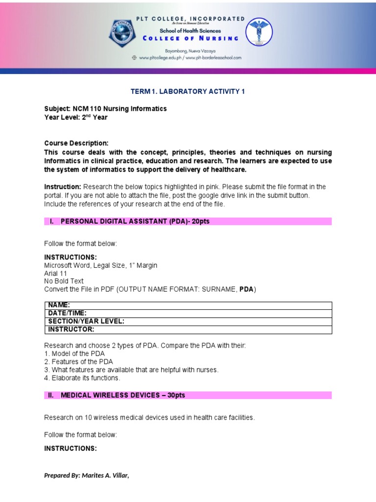 Nursing Informatics: Term 1. Laboratory Activity 1 | PDF