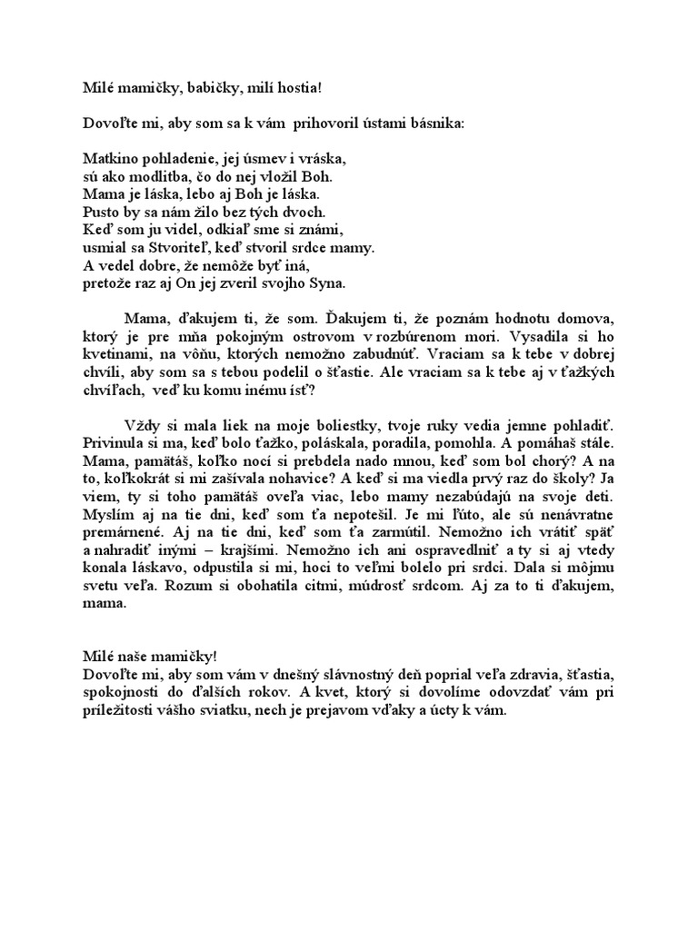 Príhovor žiaka ku ,,Dňu matiek | PDF