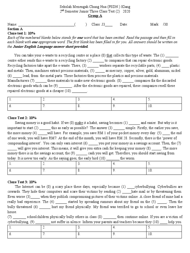 Cloze Test 30% | PDF | Electronic Waste | Recycling