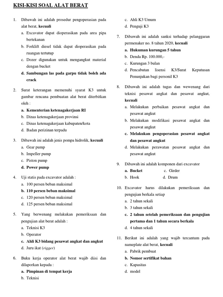 Kisi-Kisi Soal Operator Alat Berat | PDF