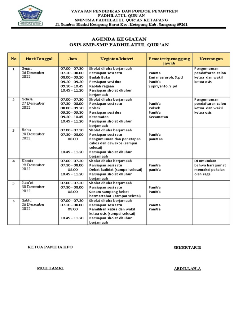Agenda Kegiatan Osis | PDF