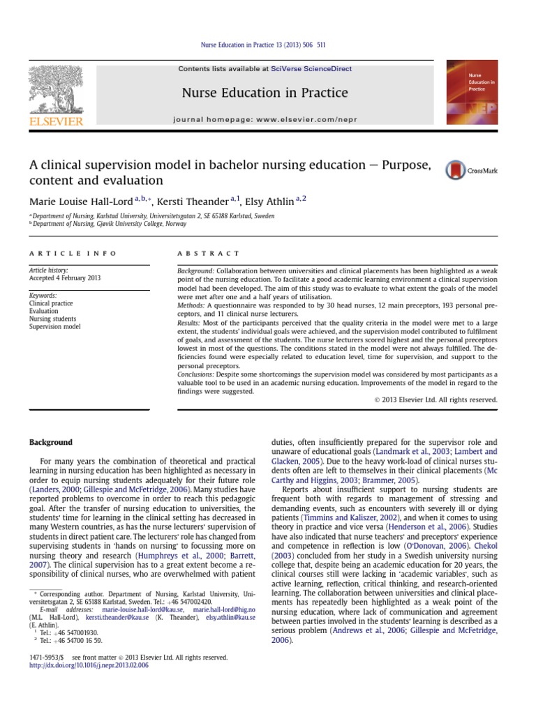 A Clinical Supervision Model in Bachelor Nursing Education - Purpose, Content and Evaluation ...