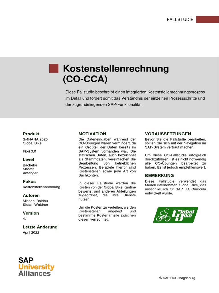 Intro S4HANA Using Global Bike Case Study CO-CCA de v4.1 | PDF