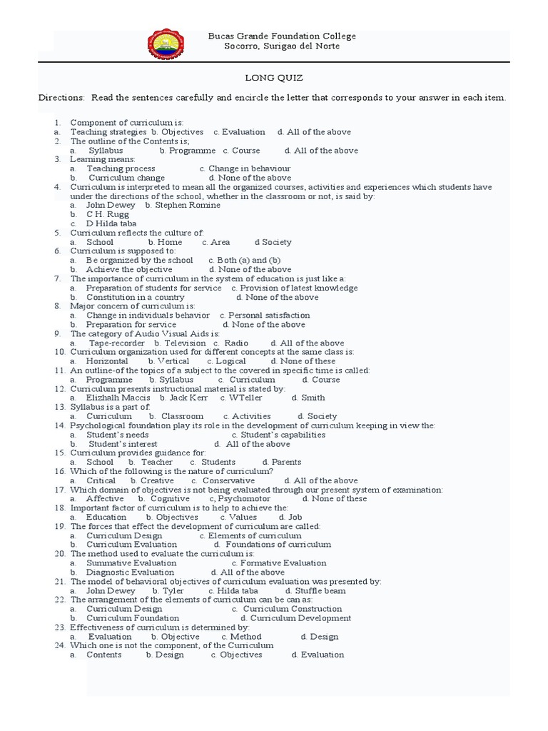 Long Quiz | PDF | Curriculum | John Dewey