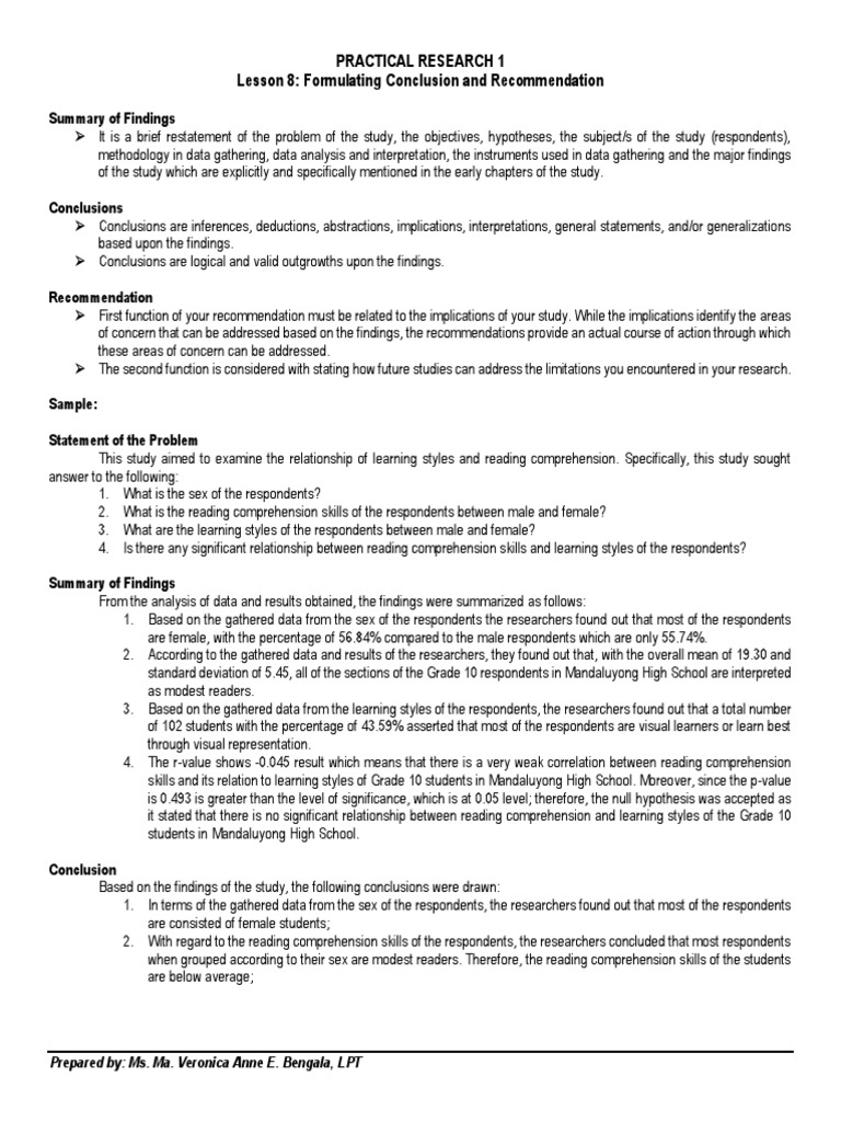 PR1 - Lesson 8 - Formulating Conclusion and Recommendation | PDF | Reading Comprehension ...