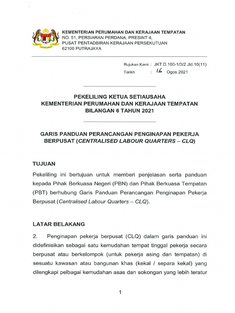 Garis Panduan CLQ untuk Penginapan Pekerja | PDF