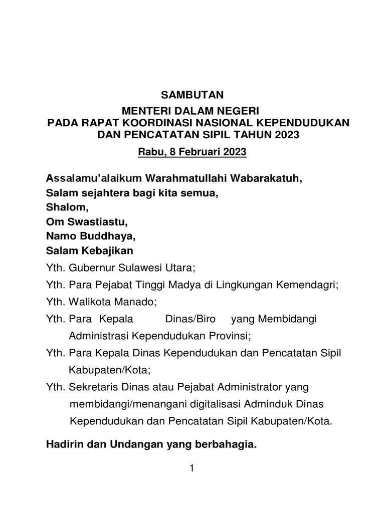 Sambutan - Rakornas Dukcapil 2023 | PDF