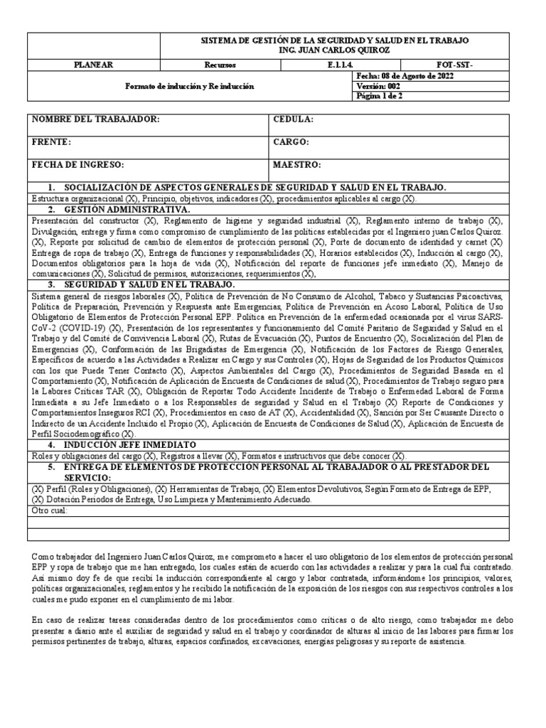 FT-SST-26 Formato de Induccion y Reinducción | PDF