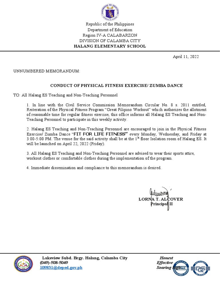 Zumba Dance Program Memo for Halang ES | PDF