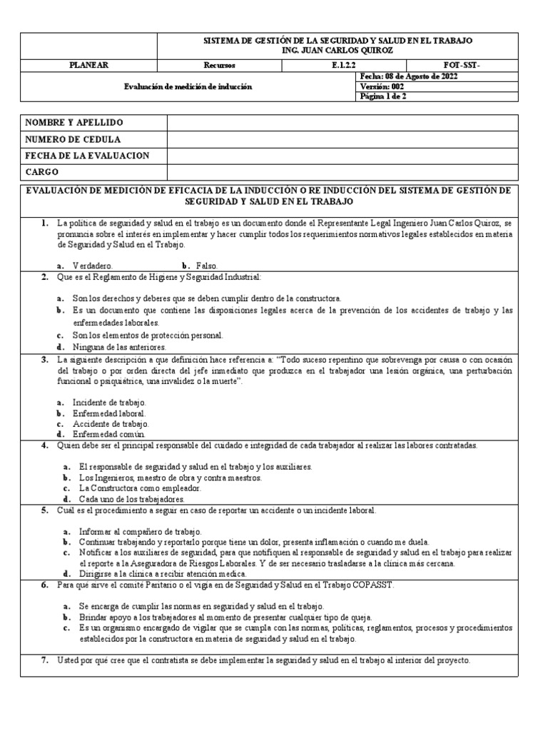 FT-SST-027 - 1 Formato Evaluación Inducción y Reinducción de SST Re Induccion | PDF