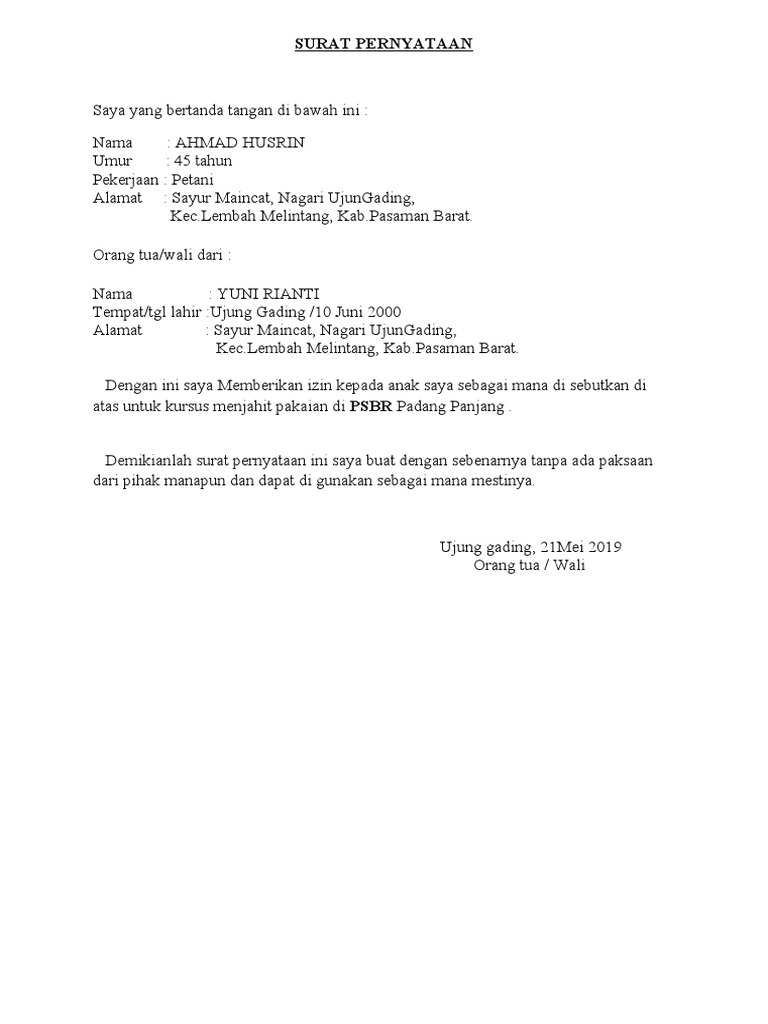 Contoh Surat Pernyataan Orang Tua | PDF