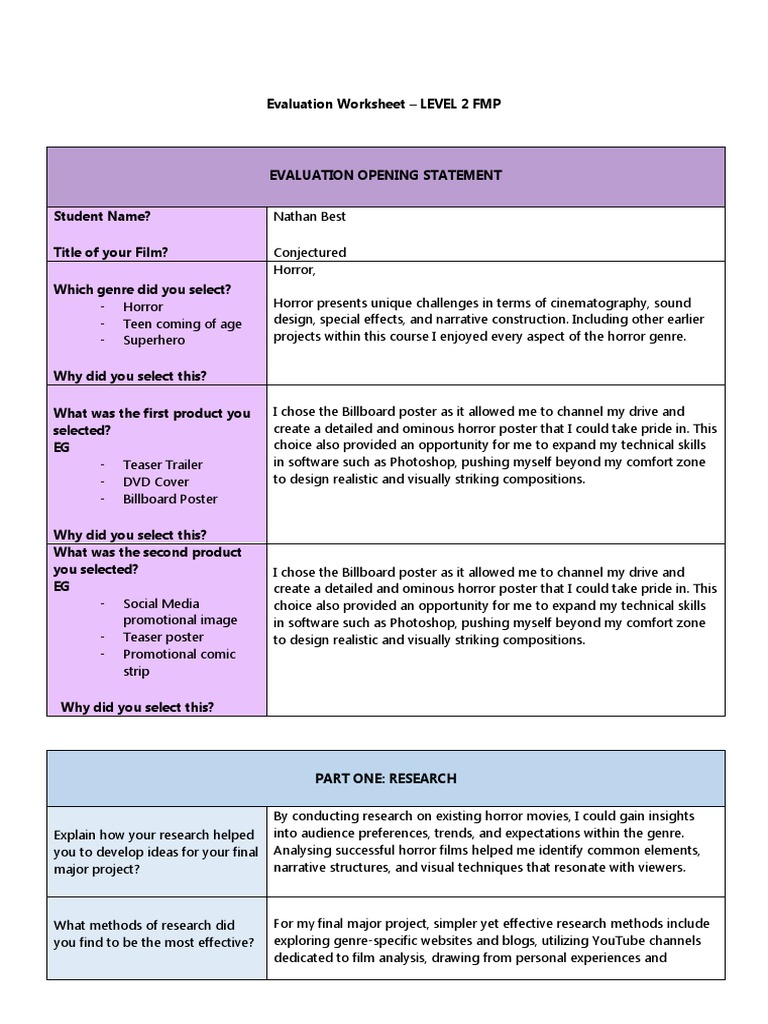evaluation worksheet l2 fmp 2023 nathan best | PDF | Horror Films | Narrative