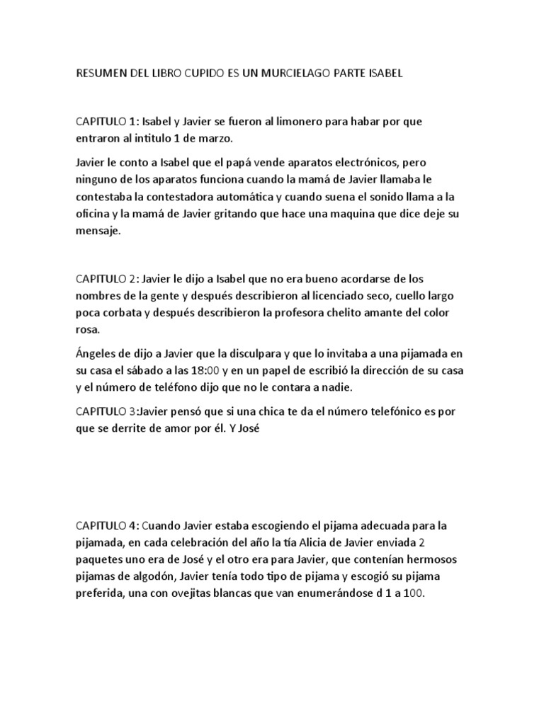 Resumen Del Libro Cupido Es Un Murcielago Parte Isabel Ok | PDF