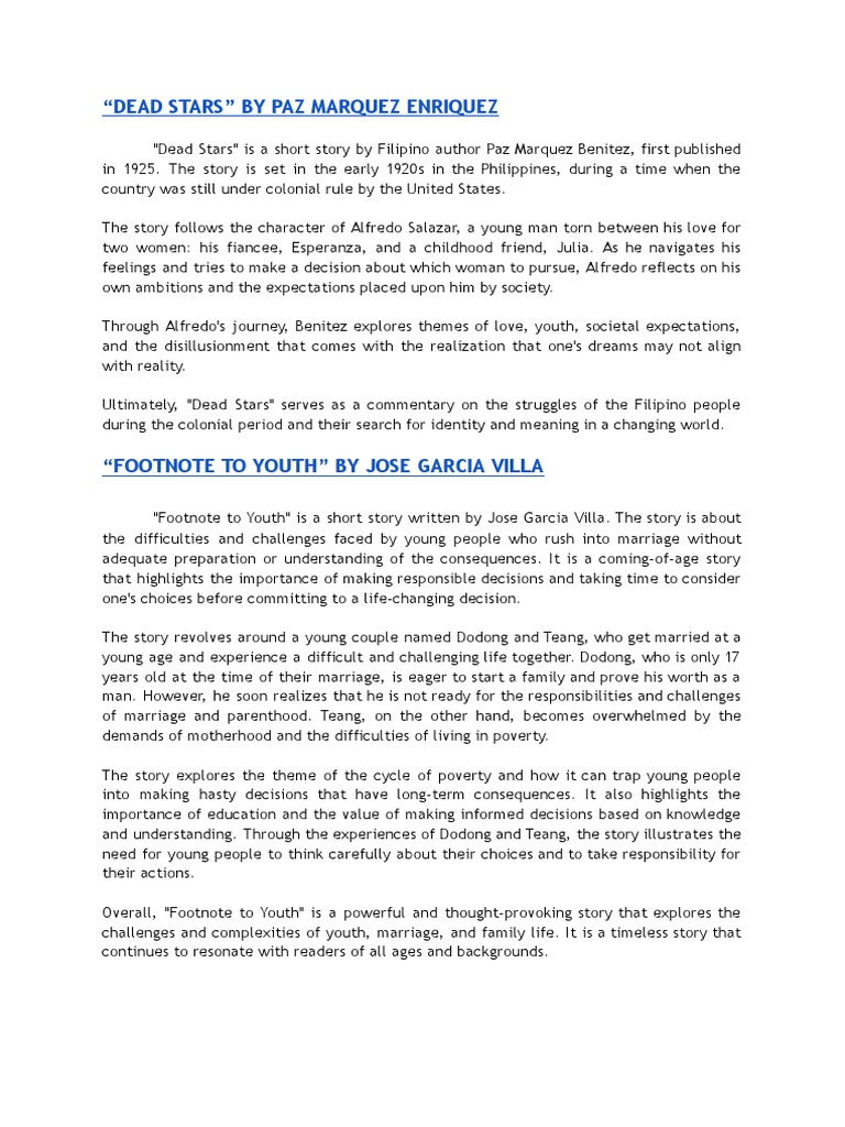 Filipino Short Story Summaries | PDF | Grief | Psychological Resilience