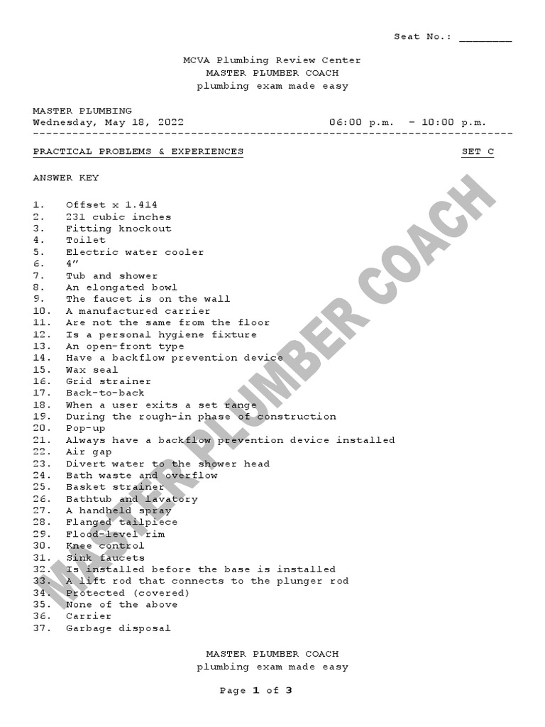 Set C Practical Problems Refresher Answer Key | PDF | Plumbing | Shower