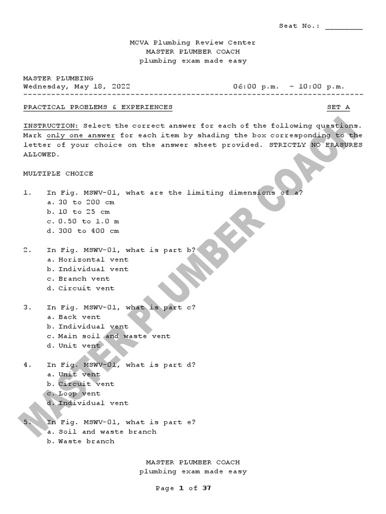 Master Plumber Exam Practice Questions | PDF | Plumbing | Tools