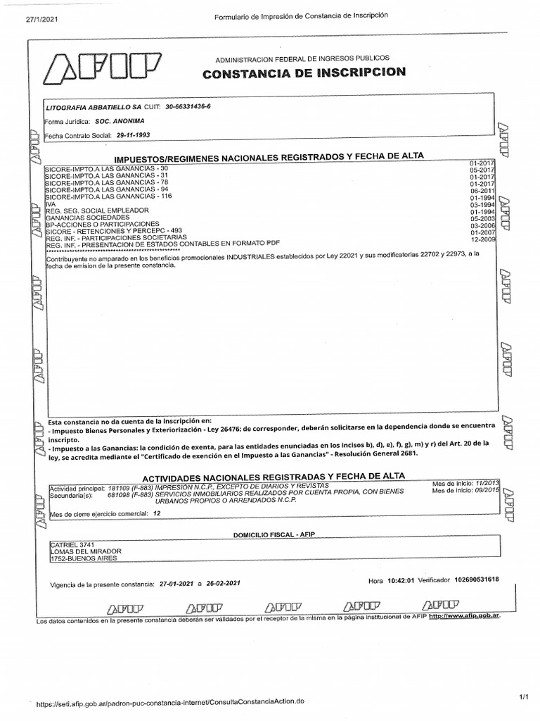 Constancia de Afip | PDF