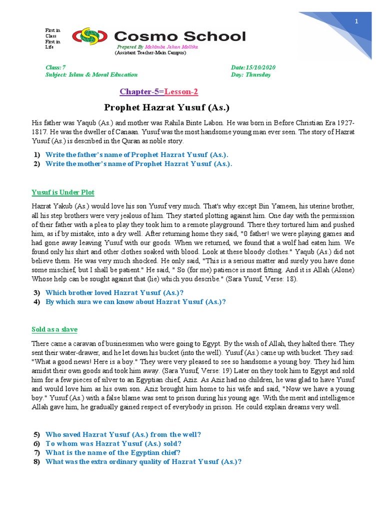 Lecture & Worksheet of Prophet Yousf | PDF | Abrahamic Religions