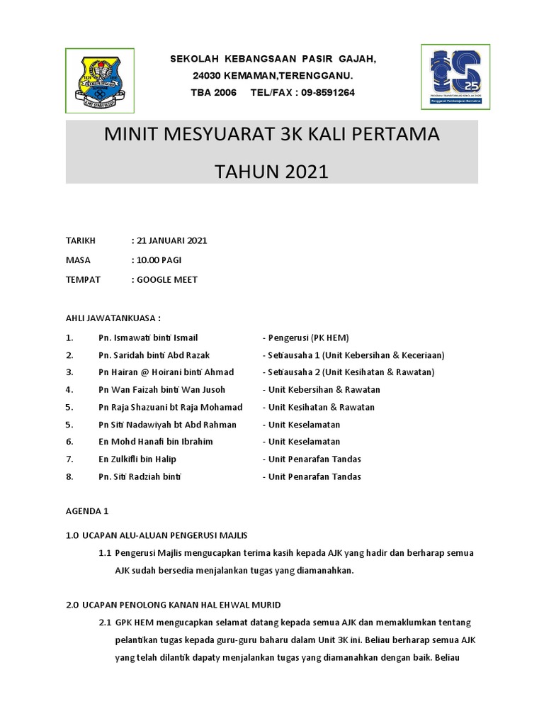 Minit Mesyuarat 3K Kali Pertama 2021 | PDF