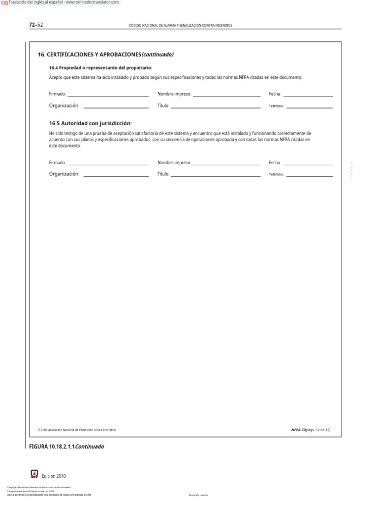 NFPA 72 National Fire Alarm and Signaling Code Cronologia Mantenimiento ...