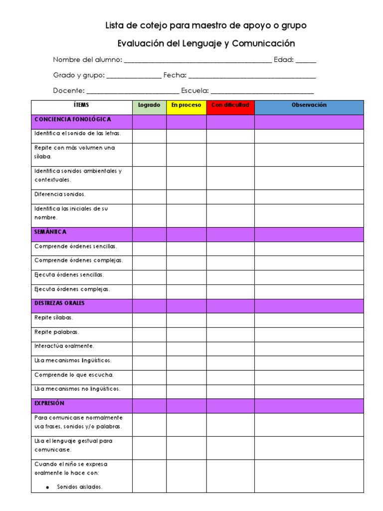 Lista de Cotejo para Evaluación de Lenguaje | PDF