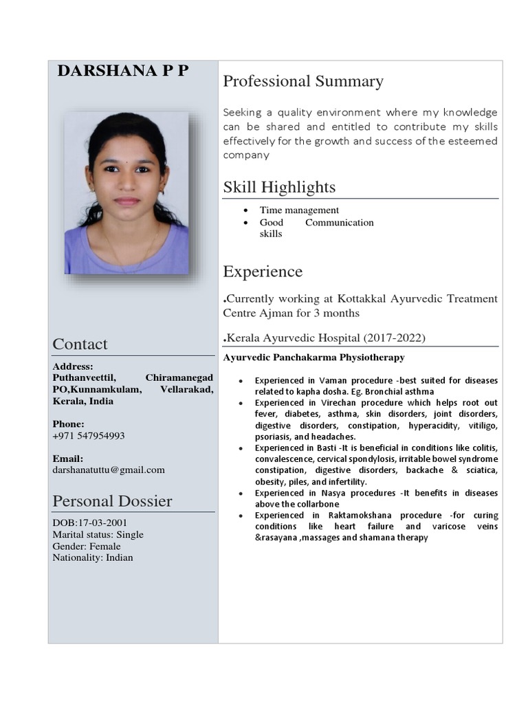 Nurse CV - Darshana P P | PDF | Ayurveda | Medicine