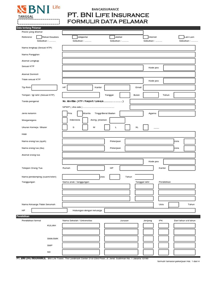 Formulir Lamaran Pekerjaan Bancassurance | PDF