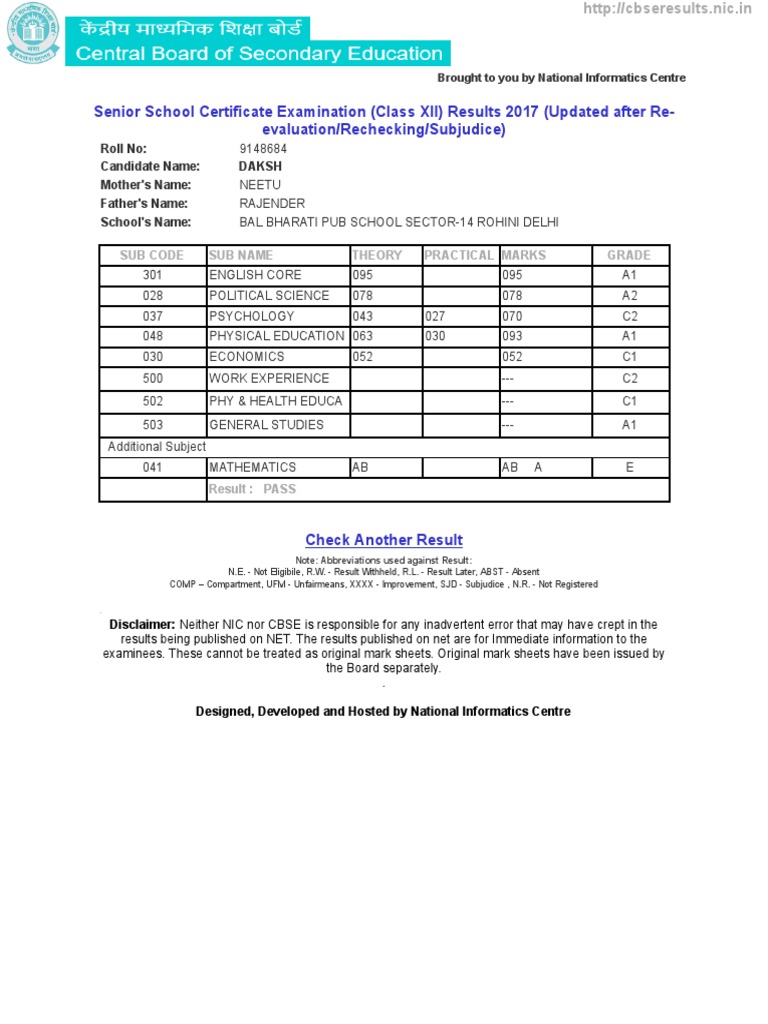 CBSE - Senior School Certificate Examination (Class XII) Results 2017 ...