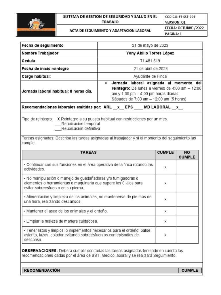 FT-SST-094 Acta de Seguimiento y Adaptacion Laboral | PDF