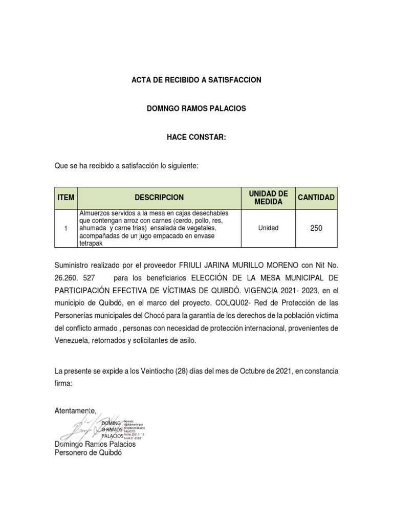 Acta de Recibido A Satisfaccion Firmada | PDF