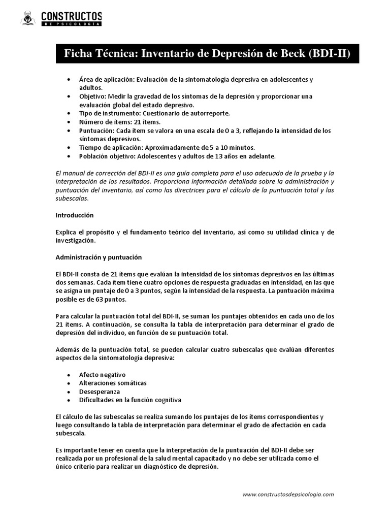 Formato de Evaluación Del Inventario de Depresión de Beck (BDI-II) | PDF | Depresión (estado de ...