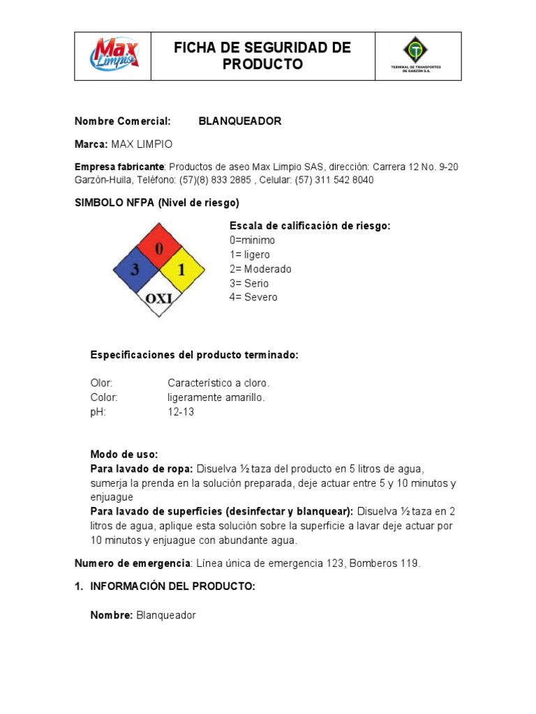 FICHA DE SEGURIDAD DE PRODUCTO BLANQUEADOR | PDF | Blanqueador | Agua