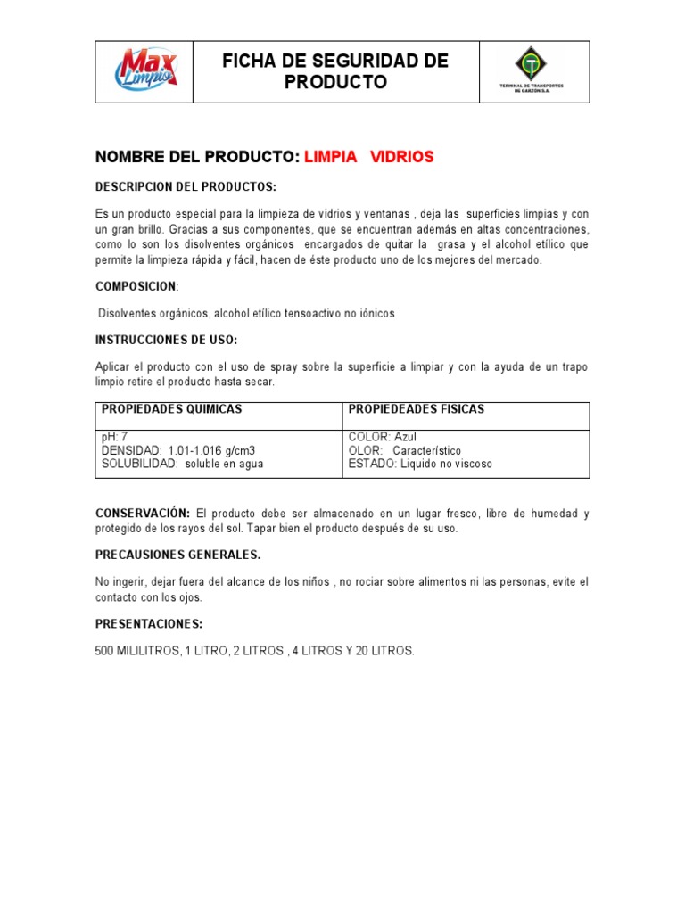 Ficha Tecnica de Producto de Max Limpio | PDF