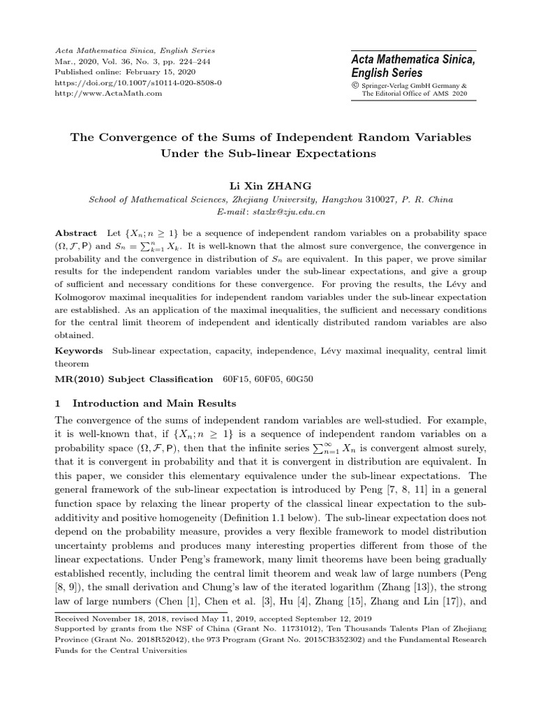 The Convergence of The Sums of Independent Random Variables Under The Sub-Linear Expectations | PDF