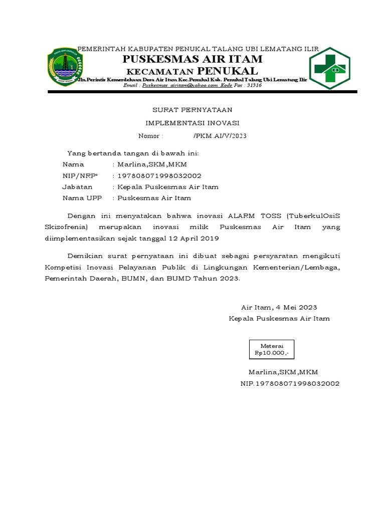 Surat Pernyataan Implementasi Inovasi | PDF