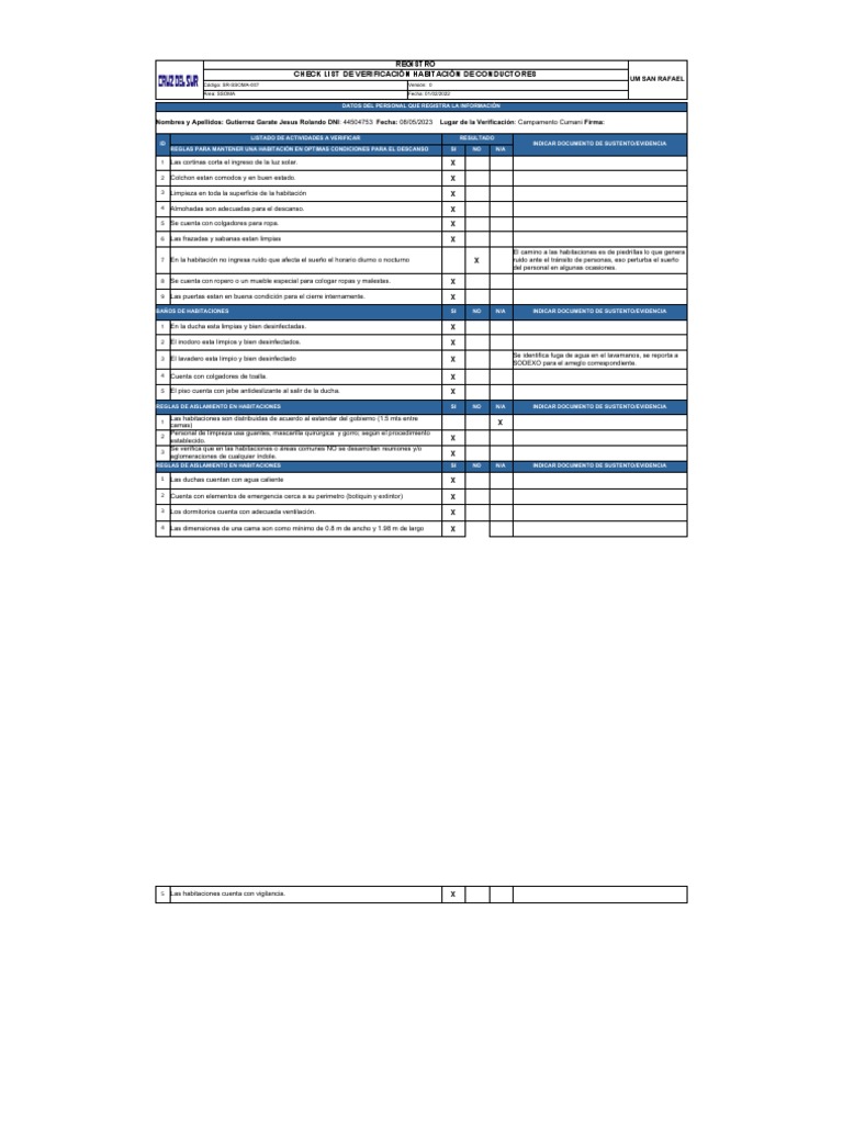 SR-SSOMA-007 Formato de Inspección de Habitaciones | PDF