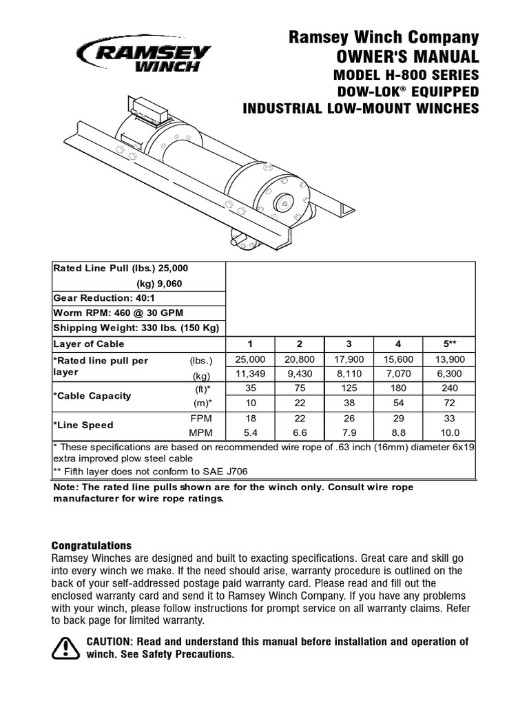 Ramsey Winch H 800 Winch Owner's Manual | PDF | Clutch | Screw
