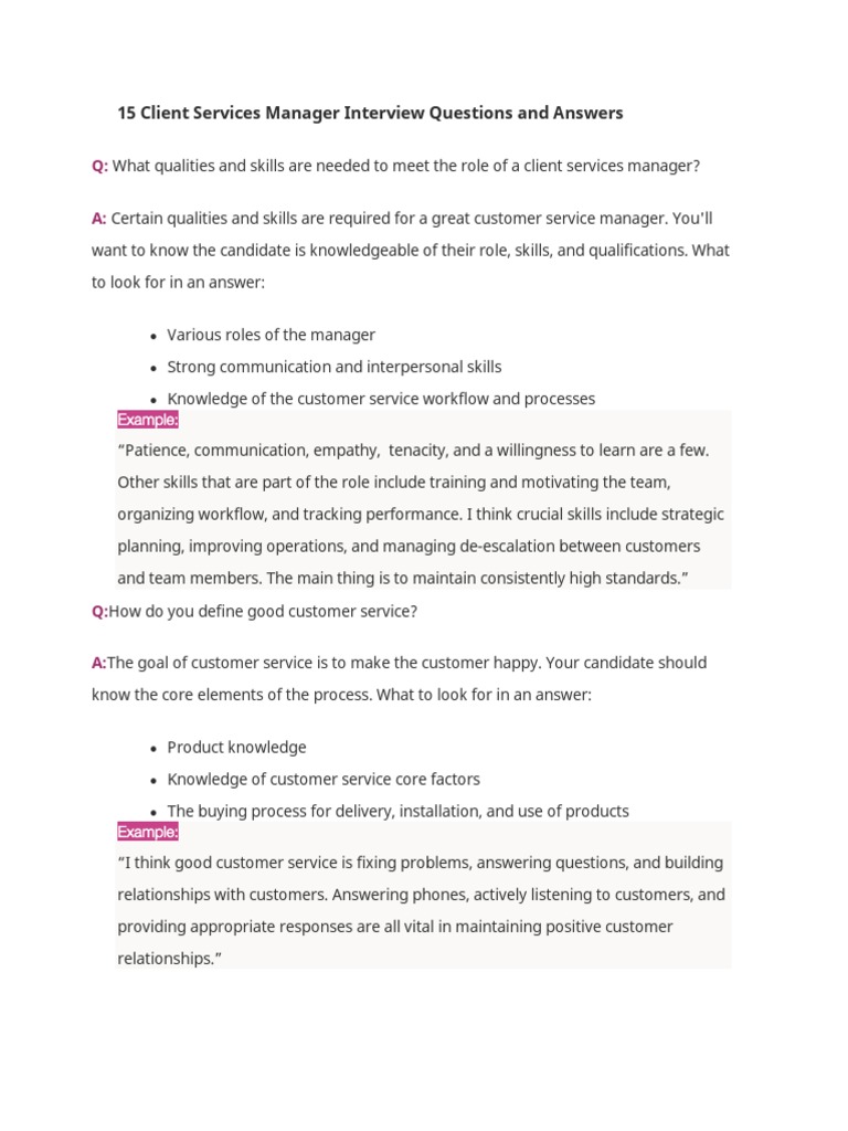 15 Client Services Manager Interview Questions and Answers | PDF ...