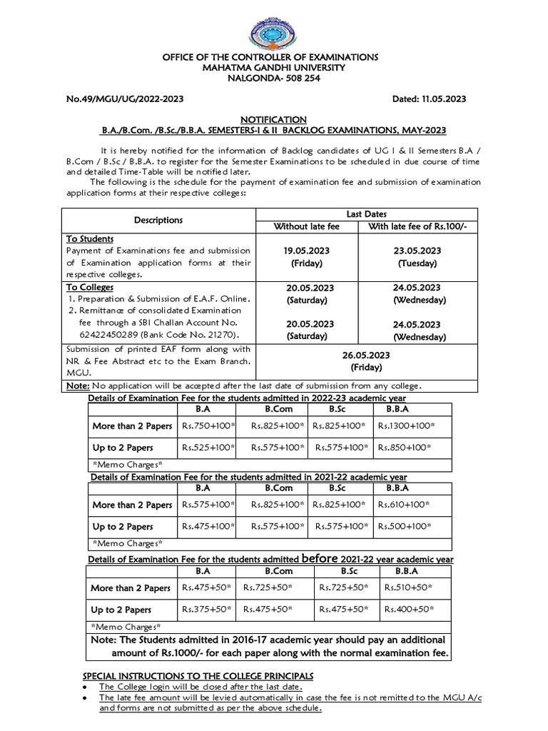 UG Sem I & II Backlog Fee Notification May-2023 | PDF | University And College Admission ...
