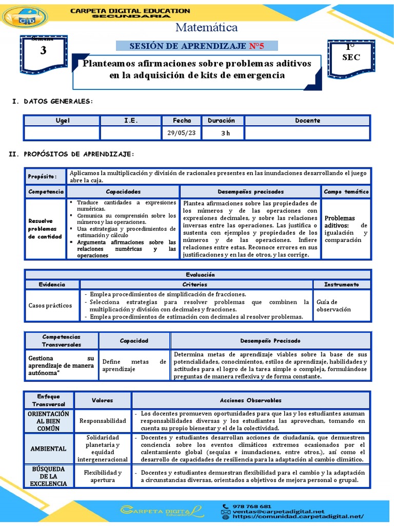 1° SESIÓN DE APRENDIZAJE SESIÓN4-SEM.2-EXP.3-Matemática | PDF
