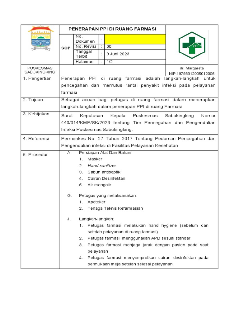 SOP Penerapan PPI Di Ruang Farmasi | PDF