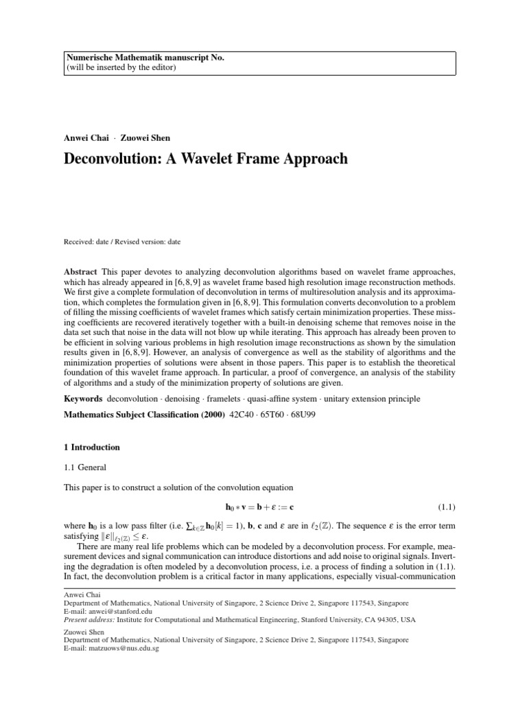 Deconvolution: A Wavelet Frame Approach: Received: Date / Revised ...