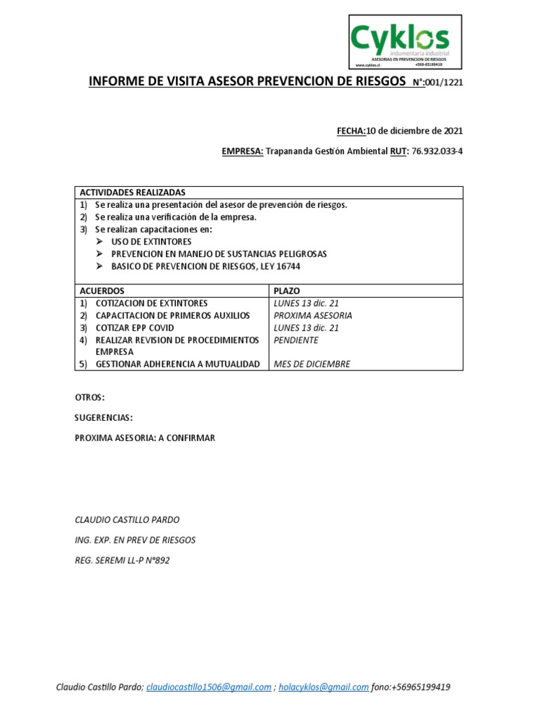 Informe de Visita Asesor Prevencion de Riesgos n001 | PDF