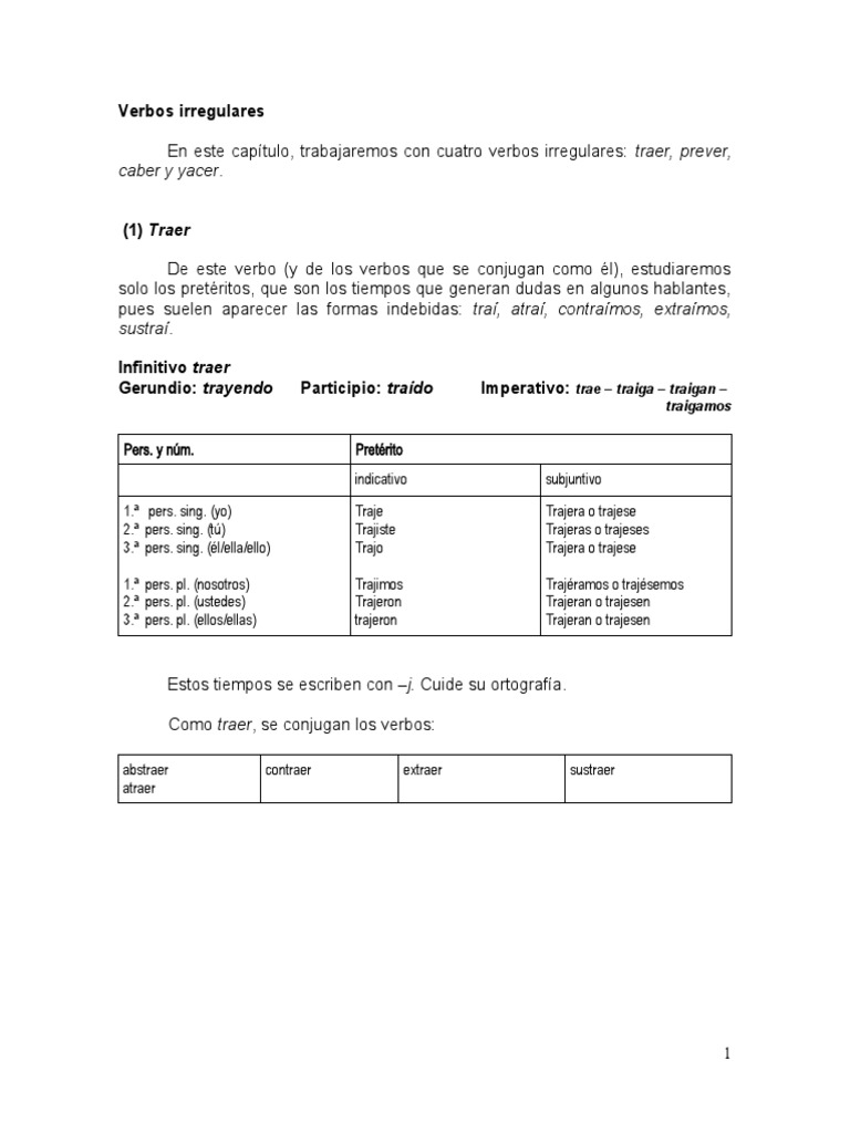 Verbos Traer, Prever, Caber, Yacer | PDF