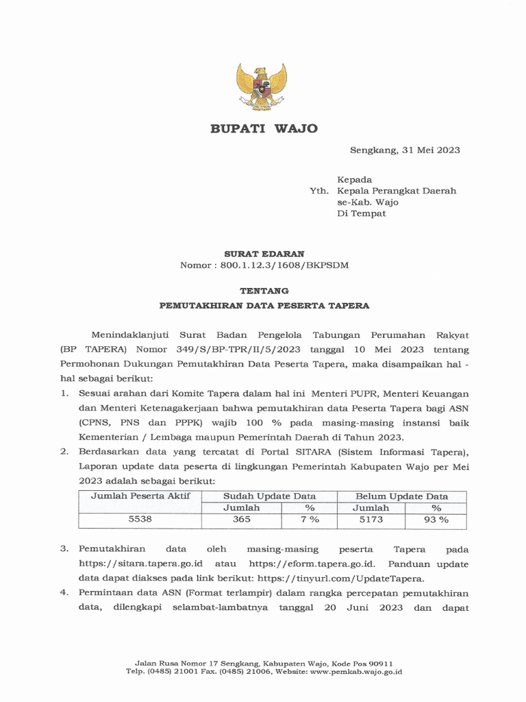 Tapera - Surat Edaran Pemutakhiran Data | PDF