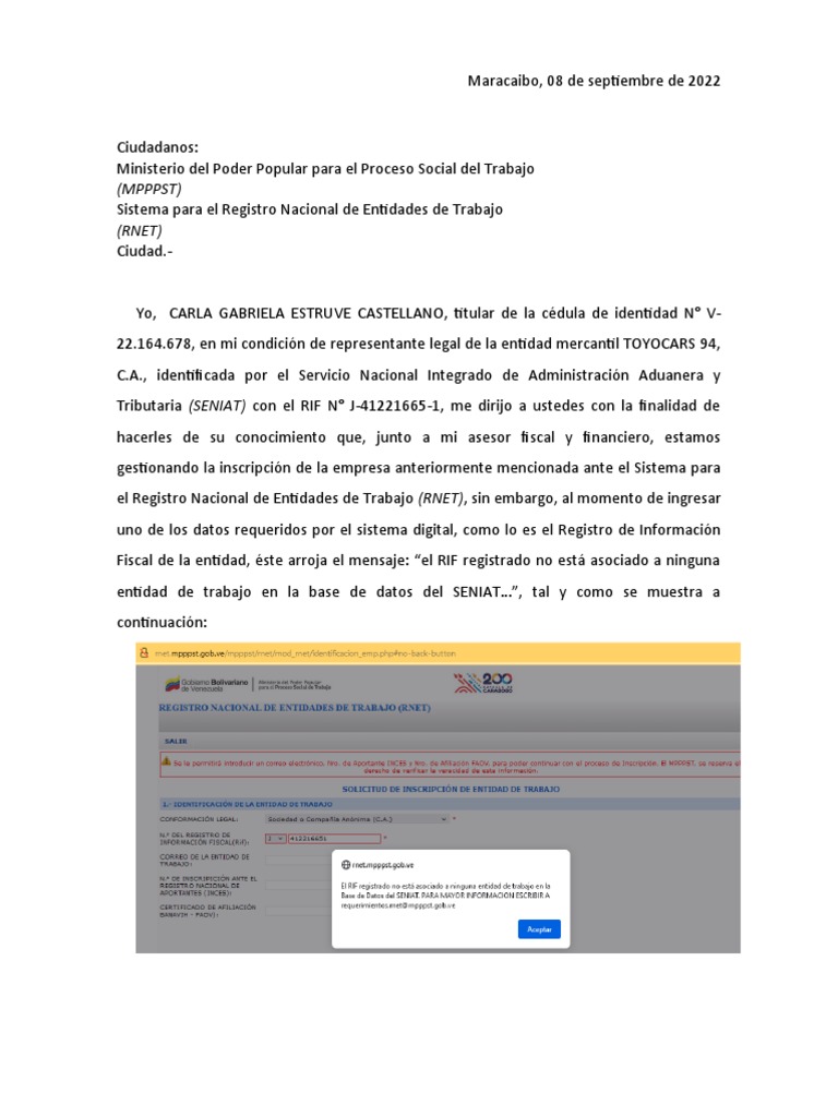 Carta de Solicitud Para Resolución de Inconveniente Para La Inscripción ...