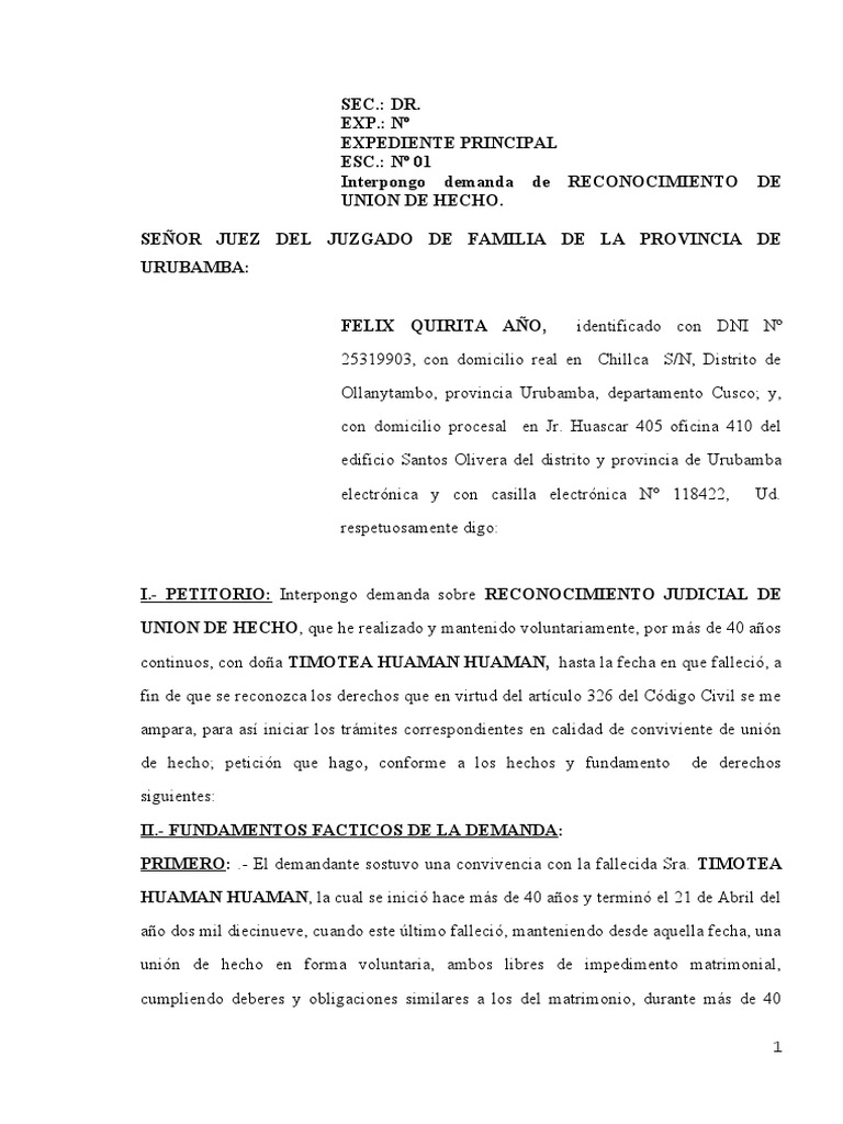 Demanda de Reconocimiento de Union de Hecho | PDF