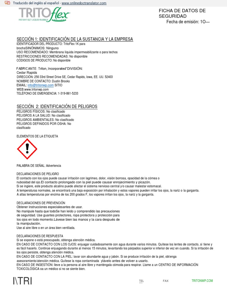 Tritoflex 1k Brush Grade Safety Data Sheet Sds Pdftoword En Es Pdf