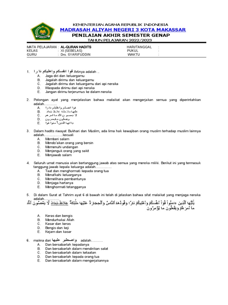 Soal Quran Hadis Kelas Xi Pdf