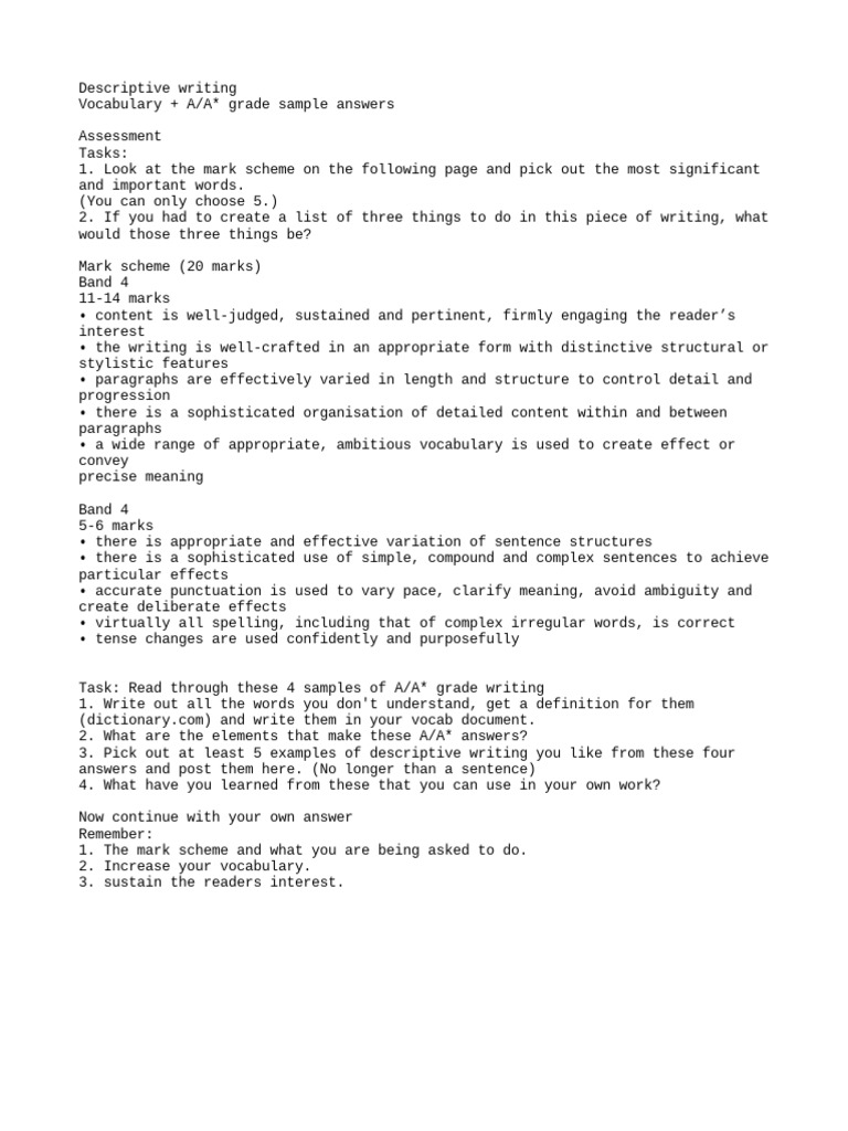 Descriptive Writing Vocabulary + A - A - Grade Sample Answers | PDF Descriptive Writing Vocabulary + A - A - Grade Sample Answers | PDF